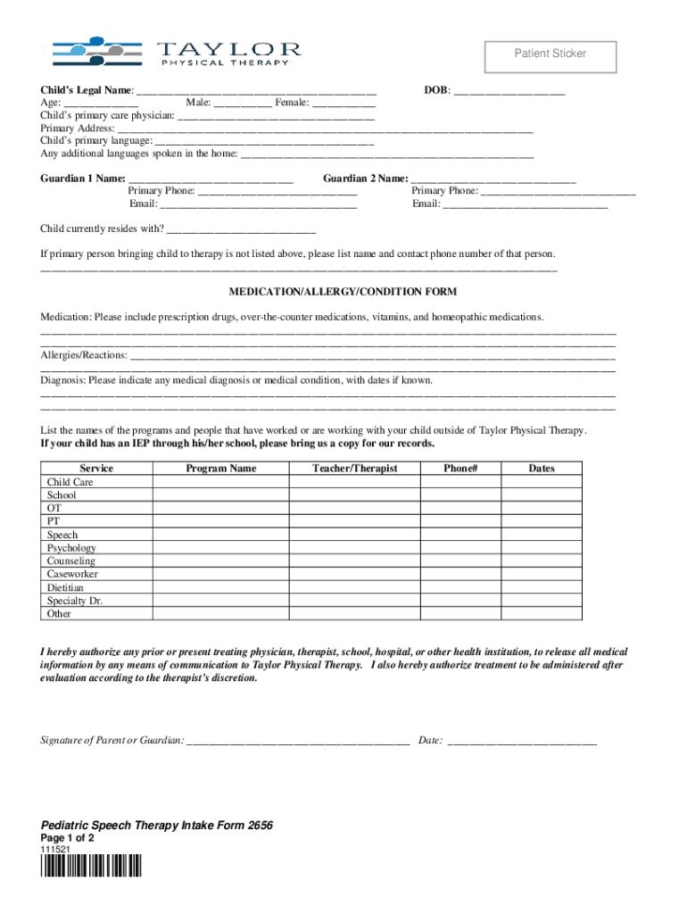 Fillable Online Pediatric Speech Therapy Intake Form 2656 Patient ...