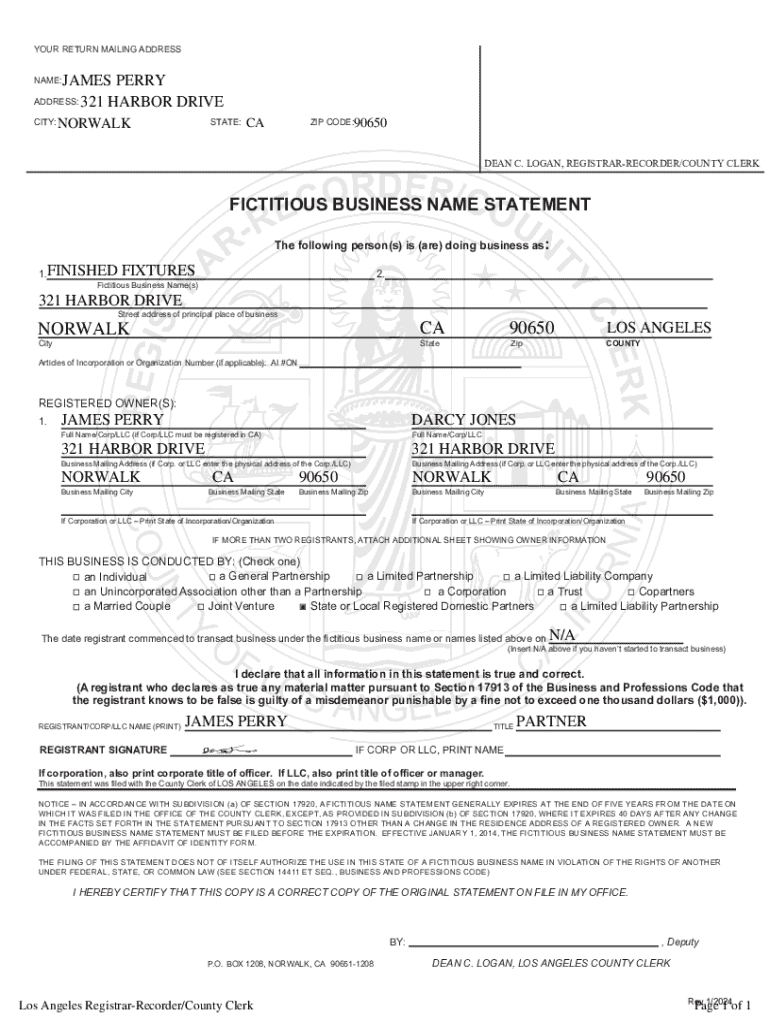 Fillable Online FICTITIOUS BUSINESS NAME STATEMENT NORWALK CA 90650 Fax ...