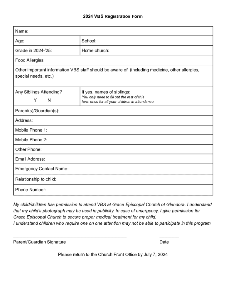 Fillable Online 2024 VBS Registration Form - Grace Episcopal Church Fax ...