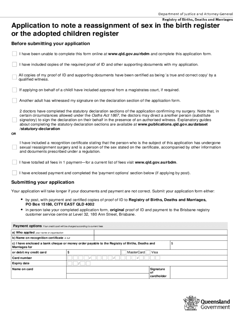 Fillable Online RBDM Qld Application to note a reassignment of sex in the ... Fax Email Print ...
