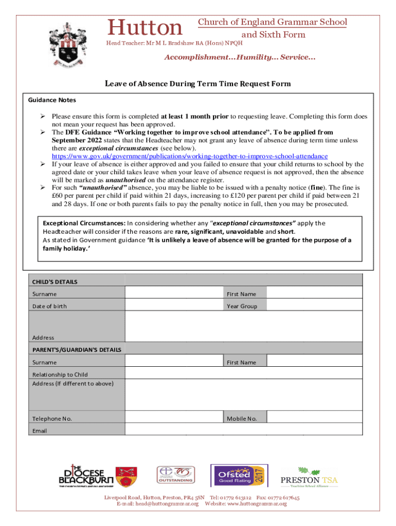 Fillable Online Leave of Absence During Term Time Request Form Fax ...