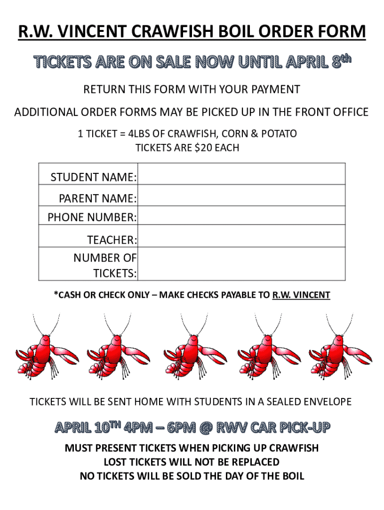 Fillable Online R.W. VINCENT CRAWFISH BOIL ORDER FORM Fax Email Print ...
