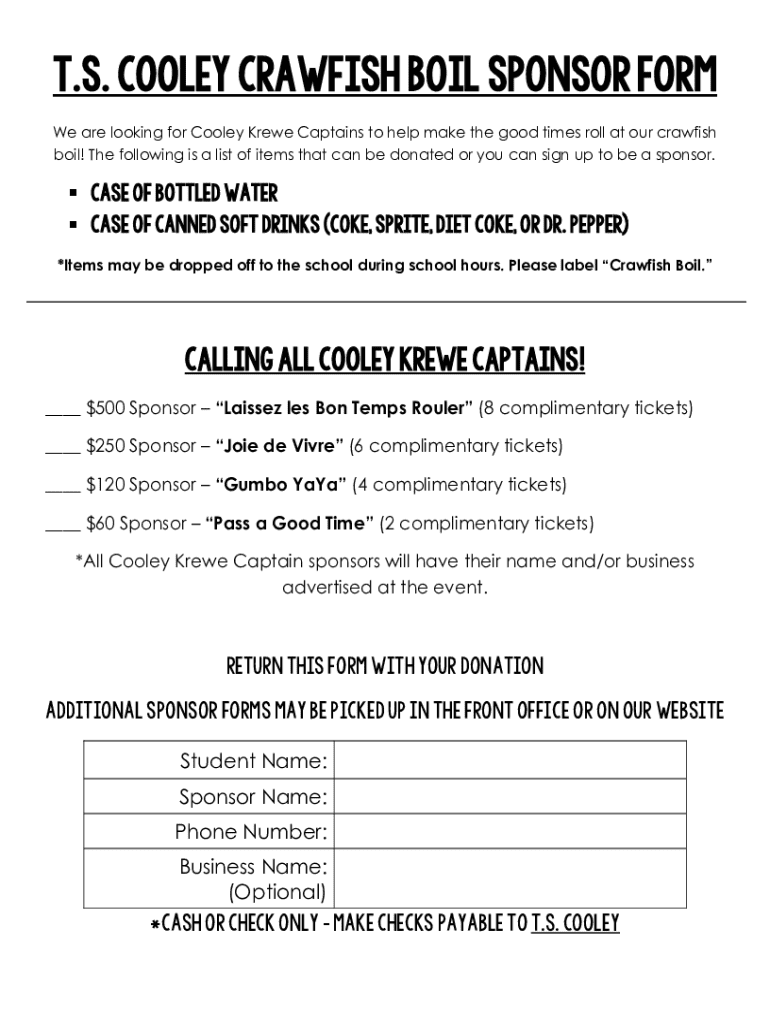 Fillable Online T.S. Cooley Crawfish Boil Sponsor Form Fax Email Print ...