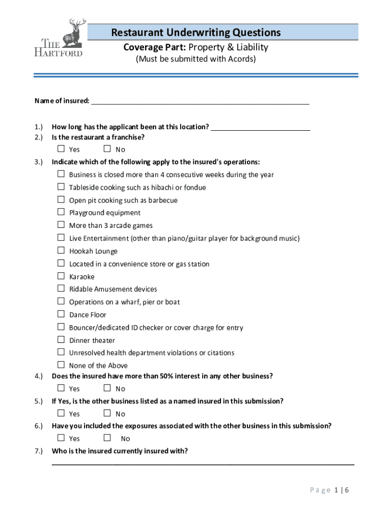 Fillable Online Restaurant Underwriting Questions Yes No Yes No Yes No ...