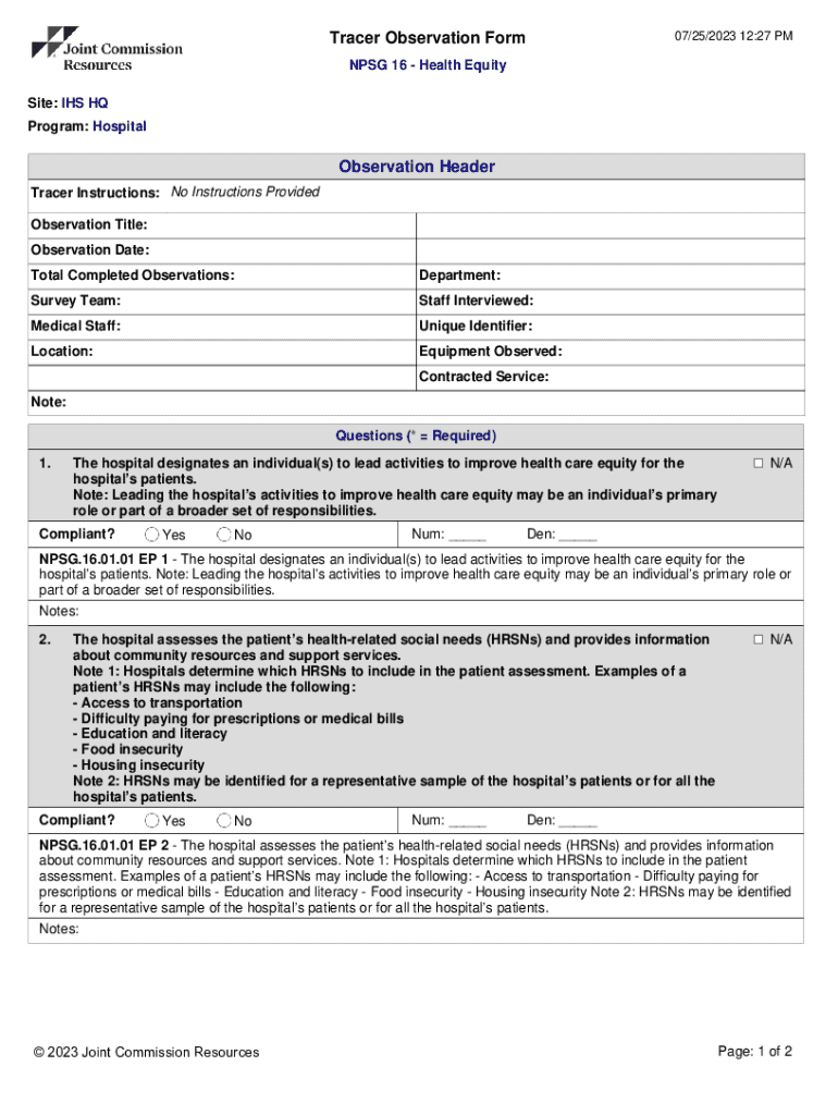 Fillable Online Tracer Observation Form - NPSG 16 - Health Equity Fax ...