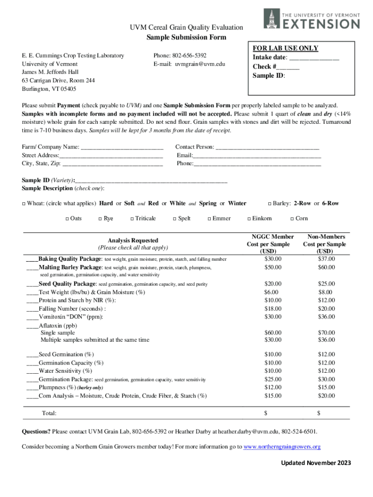 Fillable Online UVM Cereal Grain Quality Evaluation Sample Submission ...