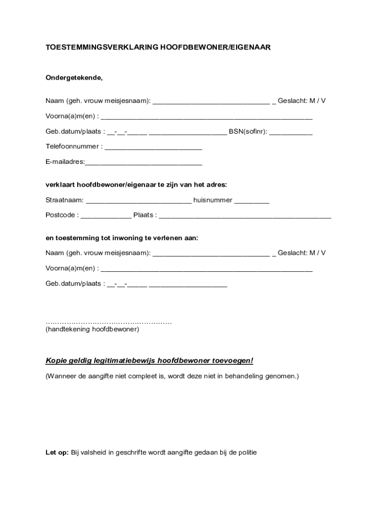 Invulbaar Online Toestemmingsverklaring van de eigenaar / hoofdbewoner ...