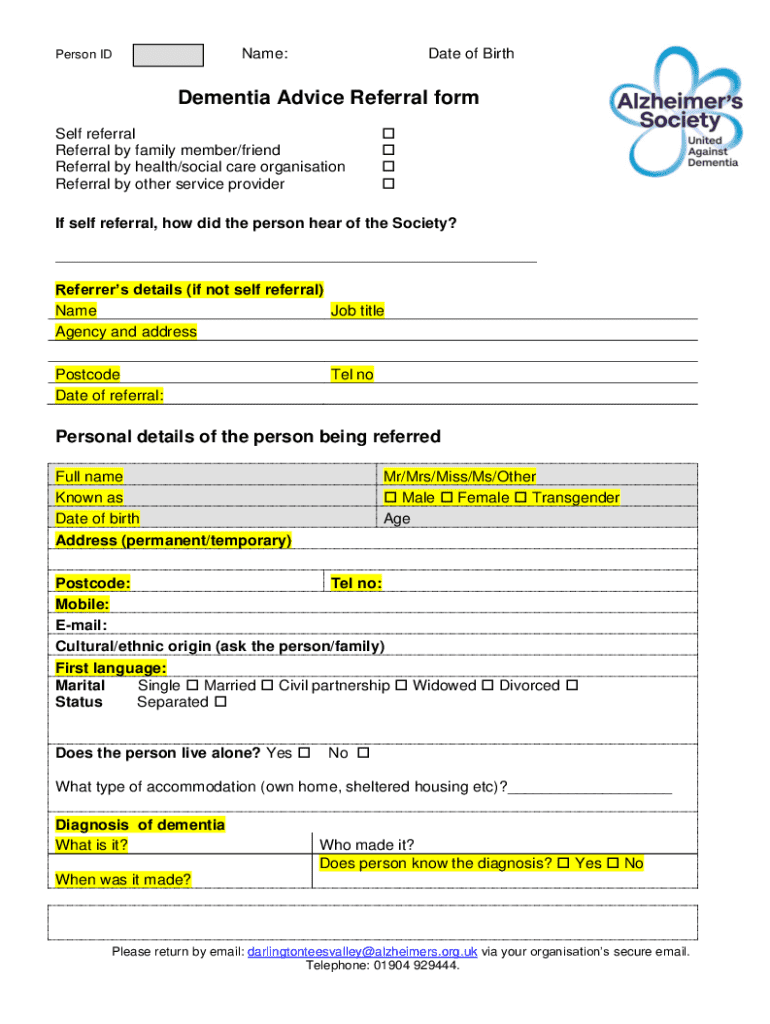 Fillable Online Dementia Support Referral Form Fax Email Print - pdfFiller