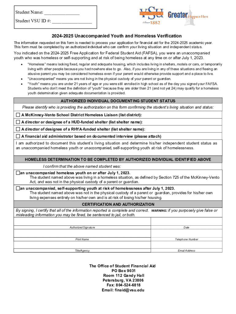 Fillable Online 2024-2025 UNACCOMPANIED YOUTH FORM (Student ... Fax ...
