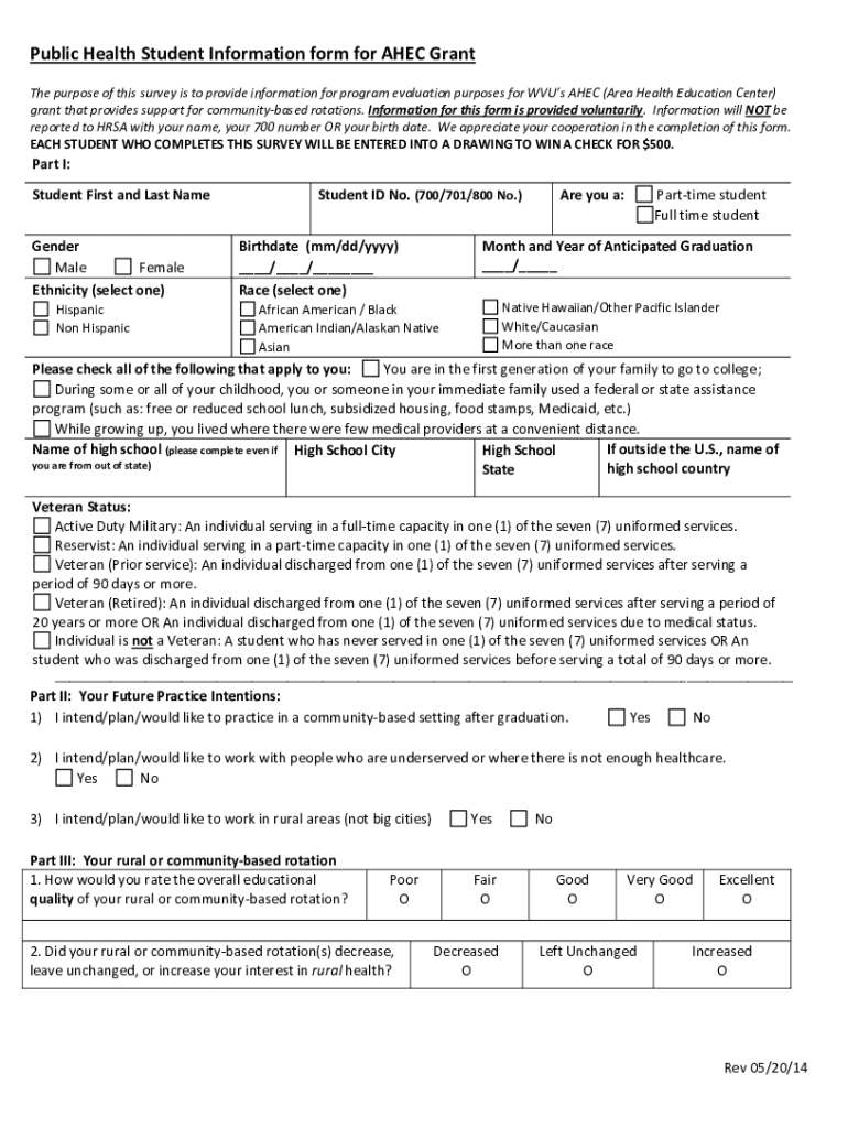 Fillable Online Public Health Student Information form for AHEC Grant Fax Email Print - pdfFiller