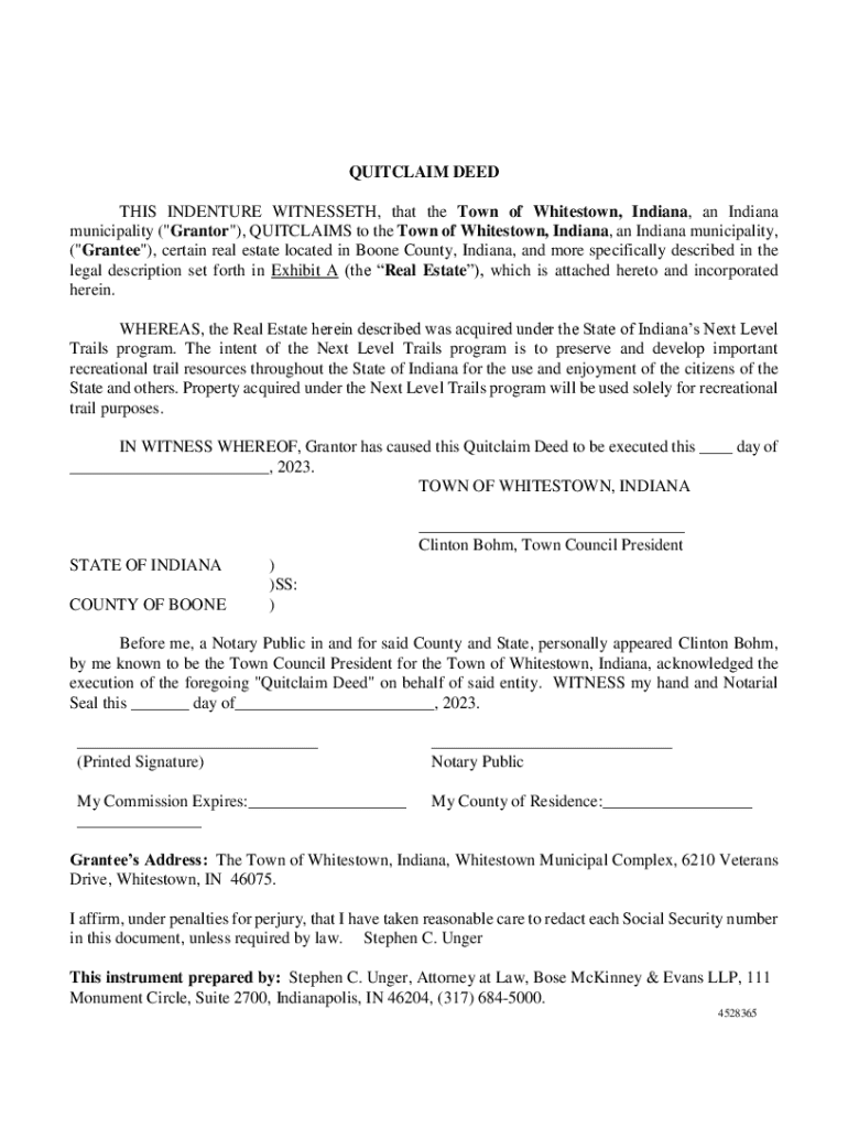 Fillable Online whitestown in QUITCLAIM DEED THIS INDENTURE WITNESSETH ...