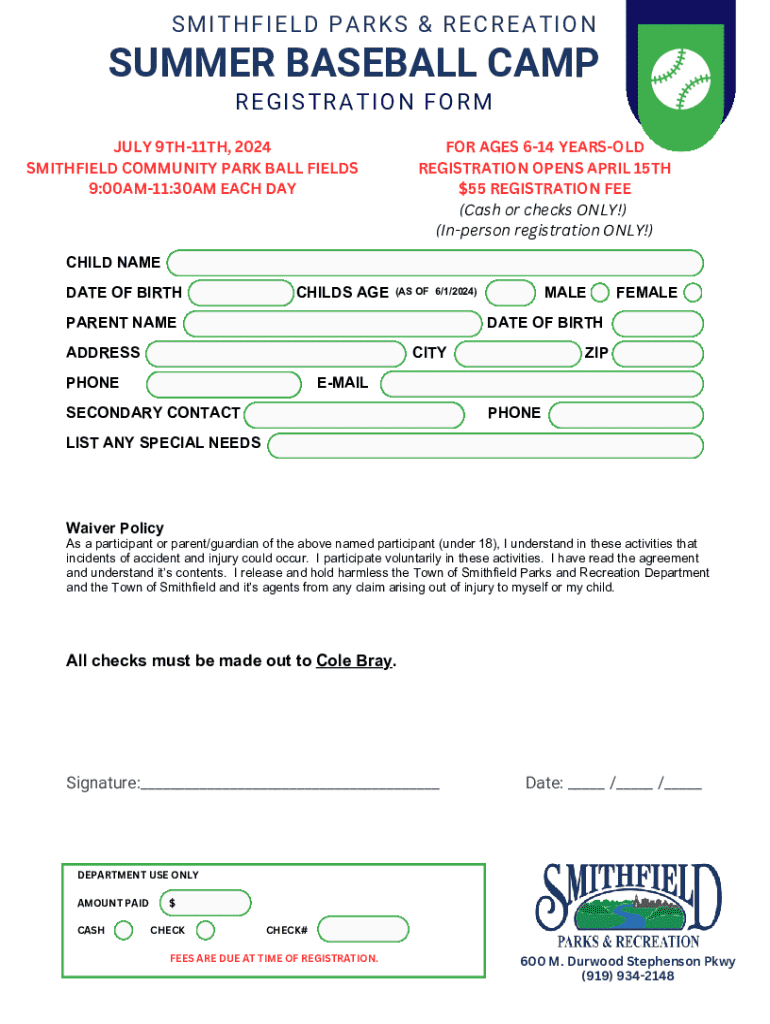 Fillable Online SUMMER BASEBALL CAMP 2024 REG FORM Fax Email Print ...
