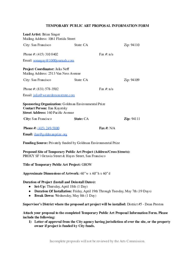 Fillable Online TEMPORARY PUBLIC ART PROPOSAL INFORMATION FORM - FINAL ...
