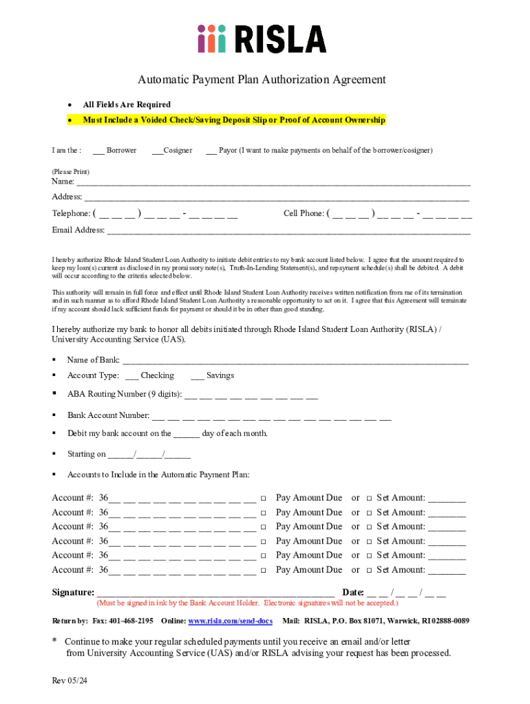 Fillable Online Automatic Payment Plan Authorization Agreement Rev 05-24 Fax Email Print - pdfFiller