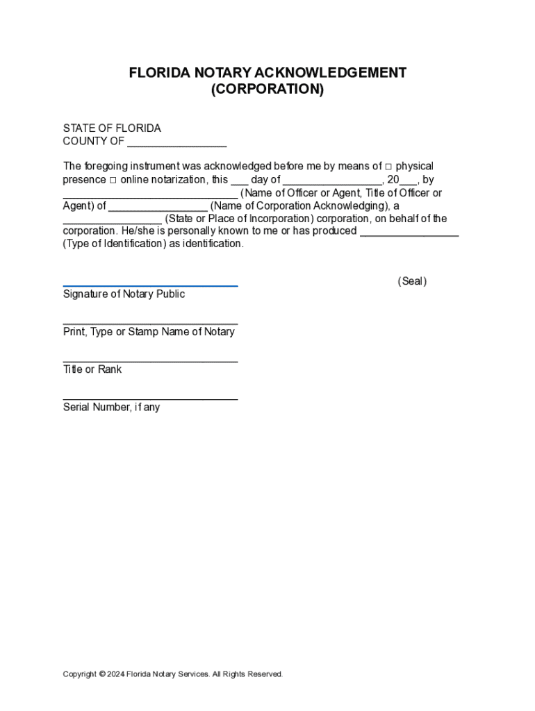 Florida Notary Acknowledgment - Blank Fillable Template | Fill Out ...