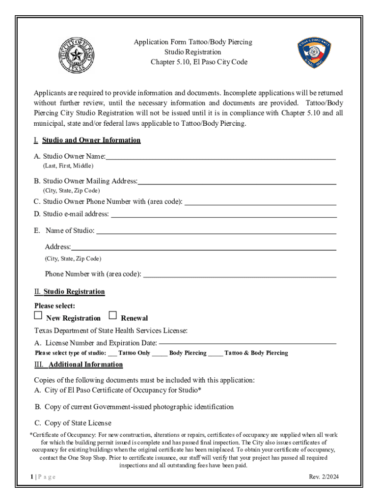 Fillable Online Application Form Tattoo/Body Piercing Studio ...