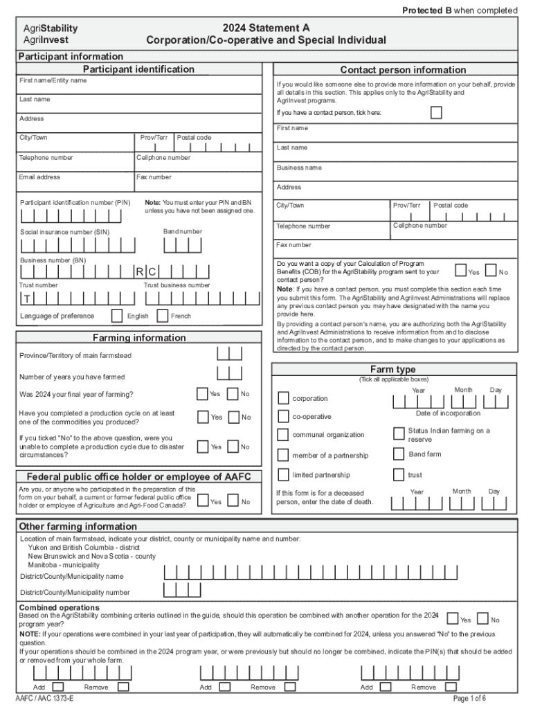 Fillable Online AgriInvest - 2024 Statement ACorporation/Co-operative ... Fax Email Print ...