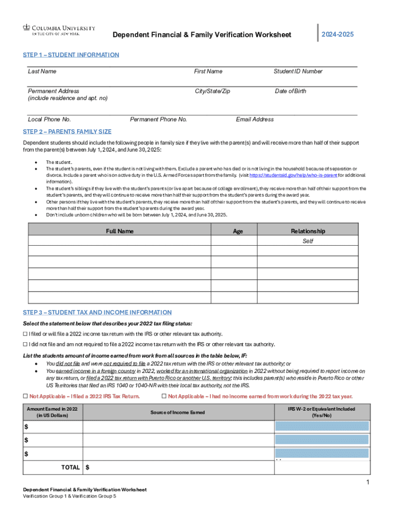Fillable Online Dependent Financial & Family Verification Worksheet 1 ...