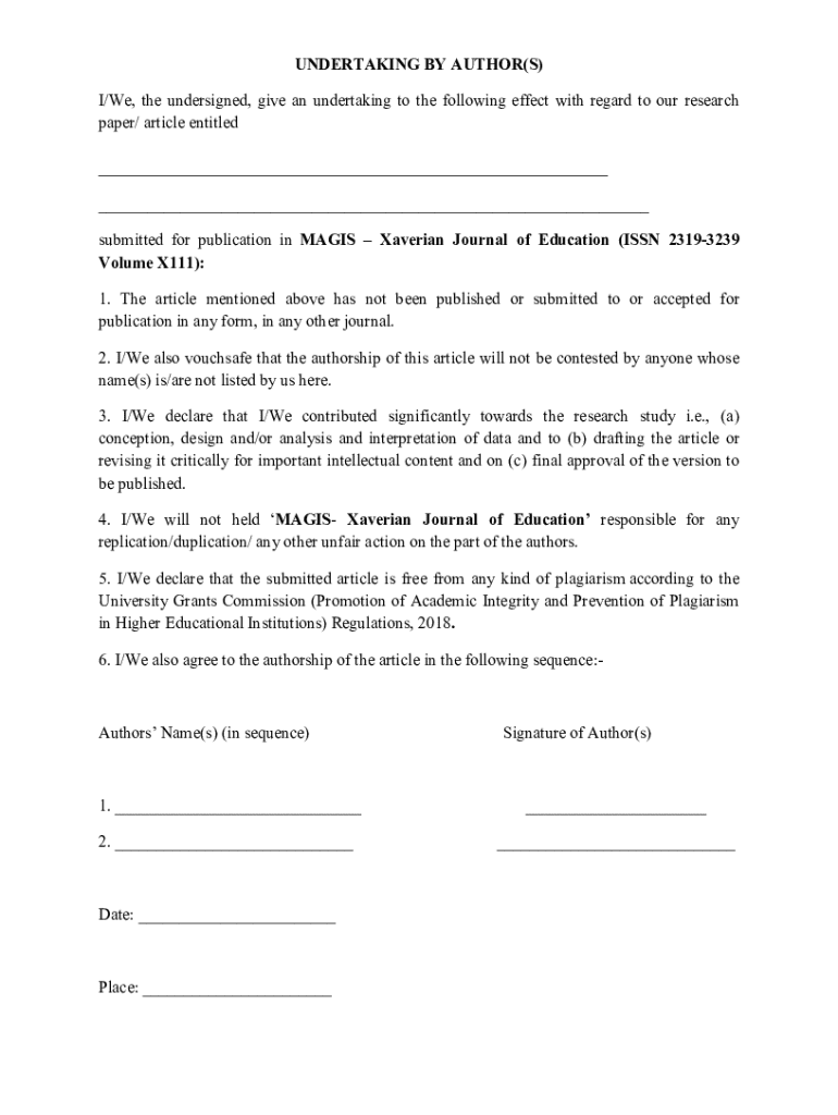 Fillable Online UNDERTAKING BY AUTHOR(S) I/We, the undersigned, ... Fax ...