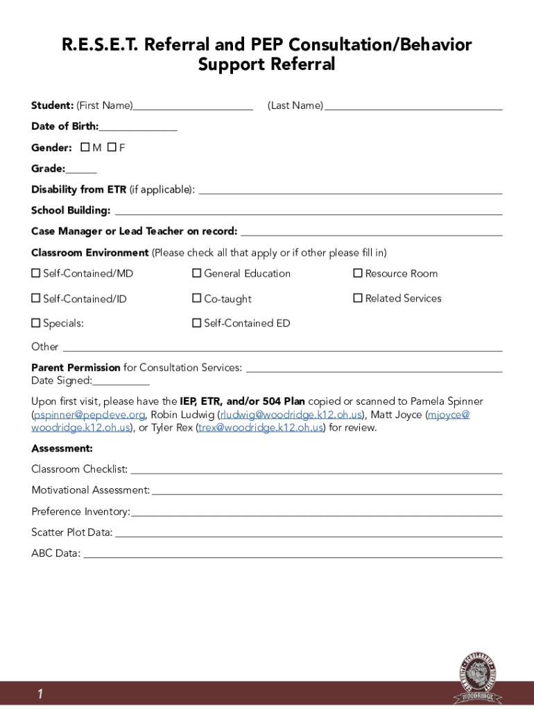 Fillable Online R.E.S.E.T. Referral and PEP Consultation/Behavior ...