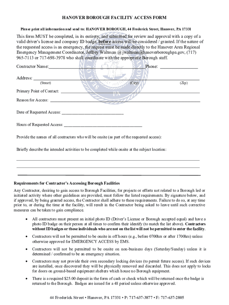 Fillable Online HANOVER BOROUGH FACILITY ACCESS FORM This form MUST ...