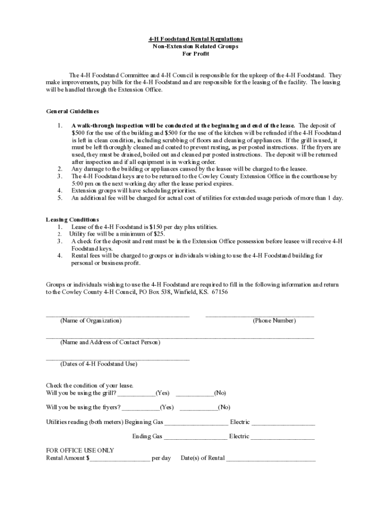 Fillable Online 4-H Foodstand Rental Regulations - Non-Extension Related Groups For Profit Fax ...