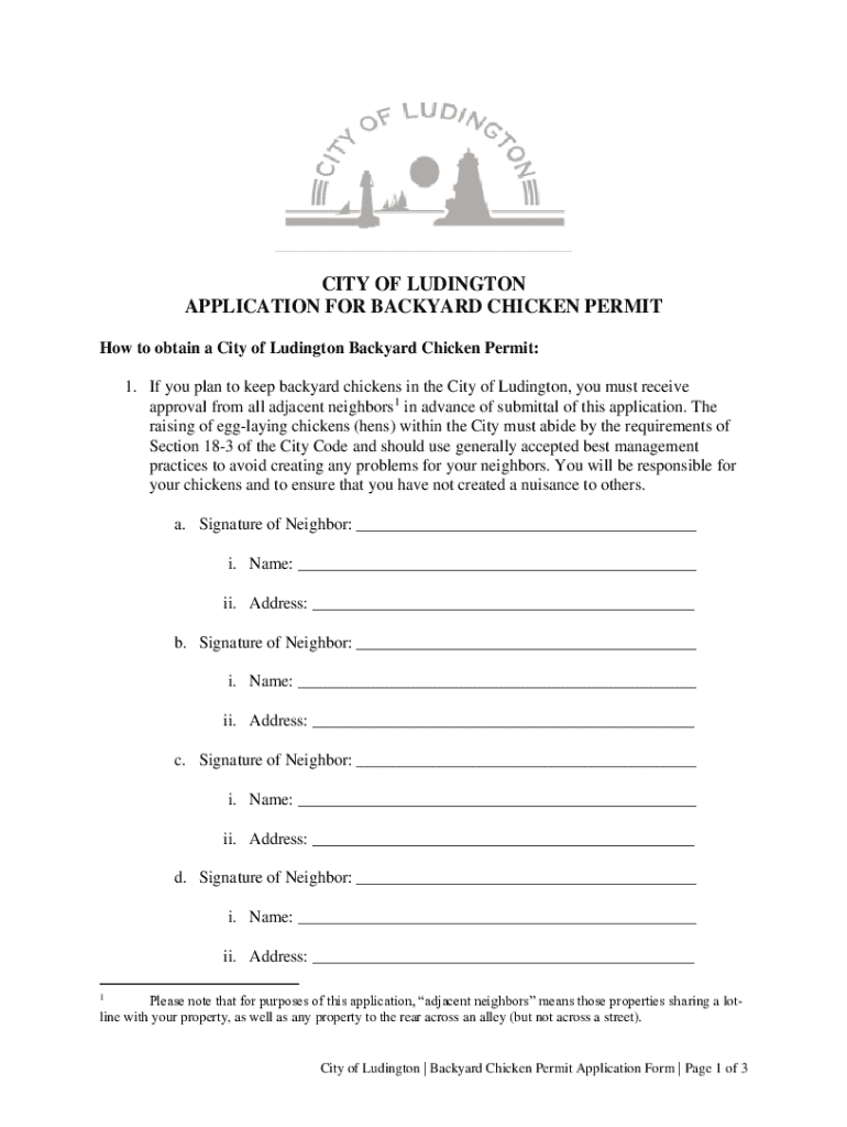 Fillable Online CITY OF LUDINGTON APPLICATION FOR BACKYARD CHICKEN ...