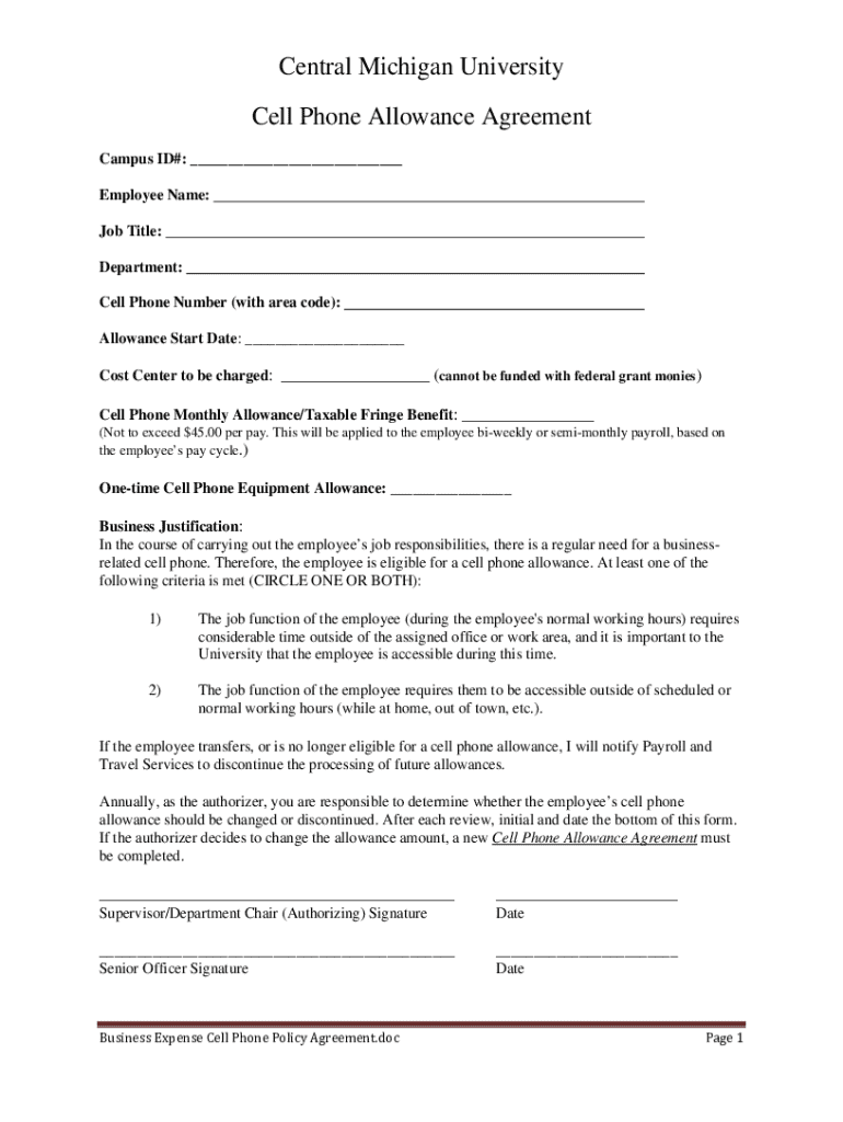 Fillable Online Central Michigan University Cell Phone Allowance ...