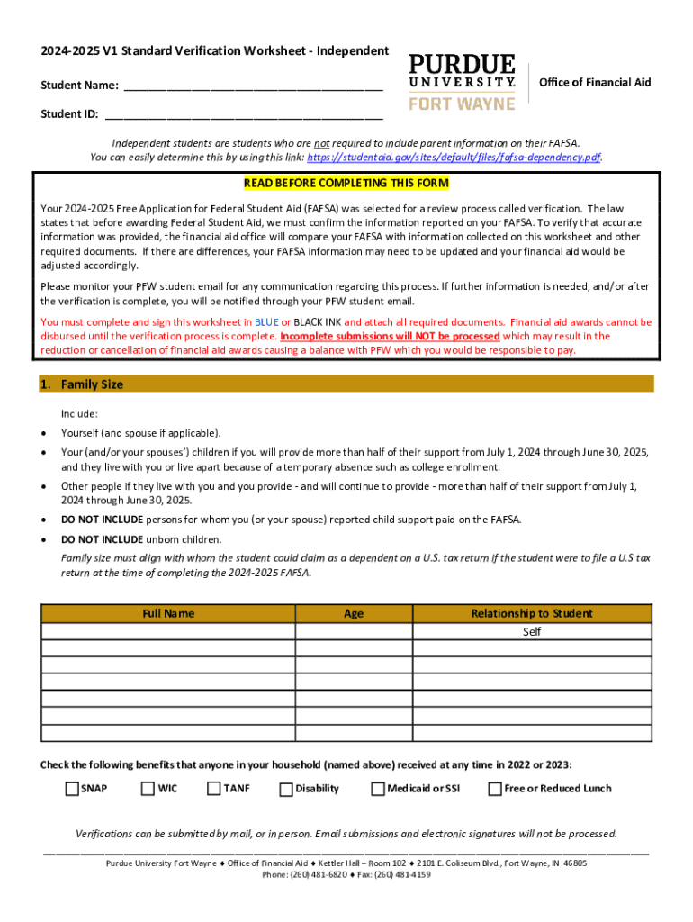 Fillable Online Standard Verification Worksheet (V1) 2024-2025 Office of ... Fax Email Print ...