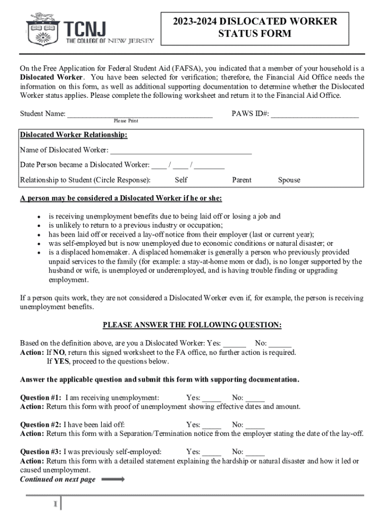 Fillable Online Are you or your spouse a dislocated worker? (202324) Fax Email Print - pdfFiller