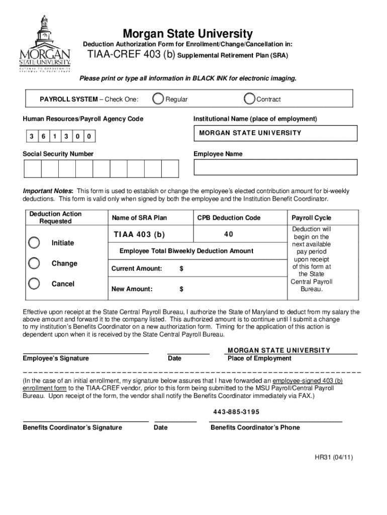 Fillable Online 403(b) Deduction Authorization Form for Enrollment ...