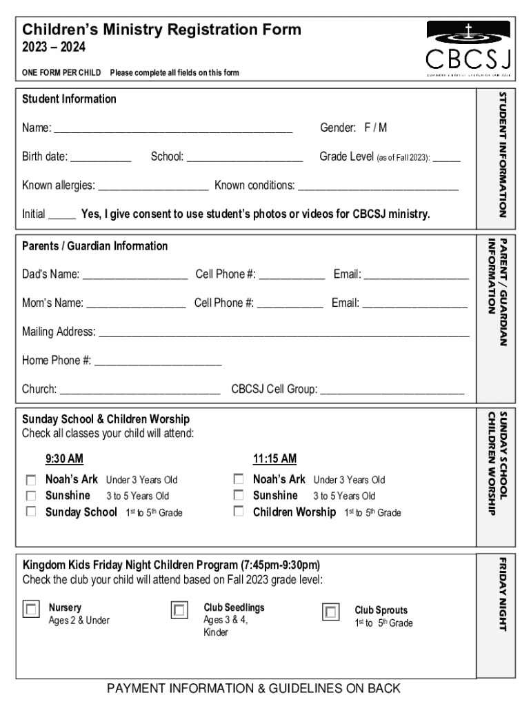 Fillable Online Children's Ministry Registration Form - 20232024 Fax ...