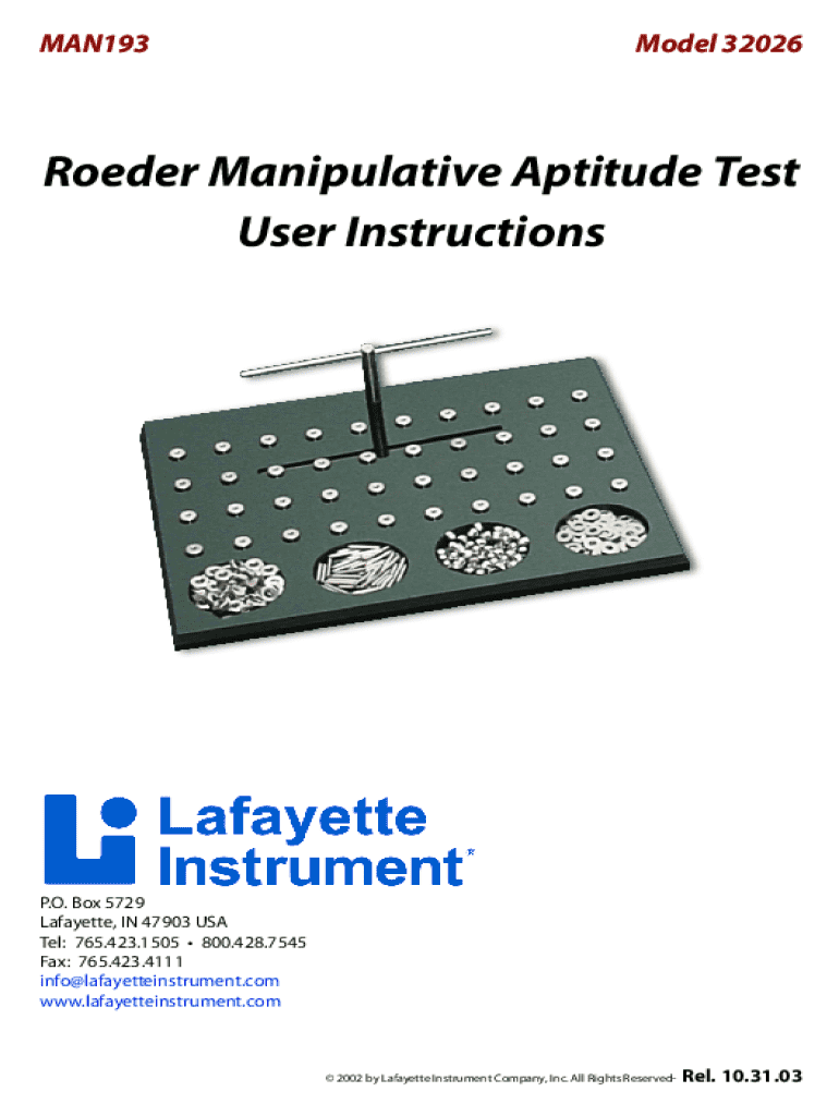 Fillable Online Roeder Manipulative Aptitude Test User Instructions ...