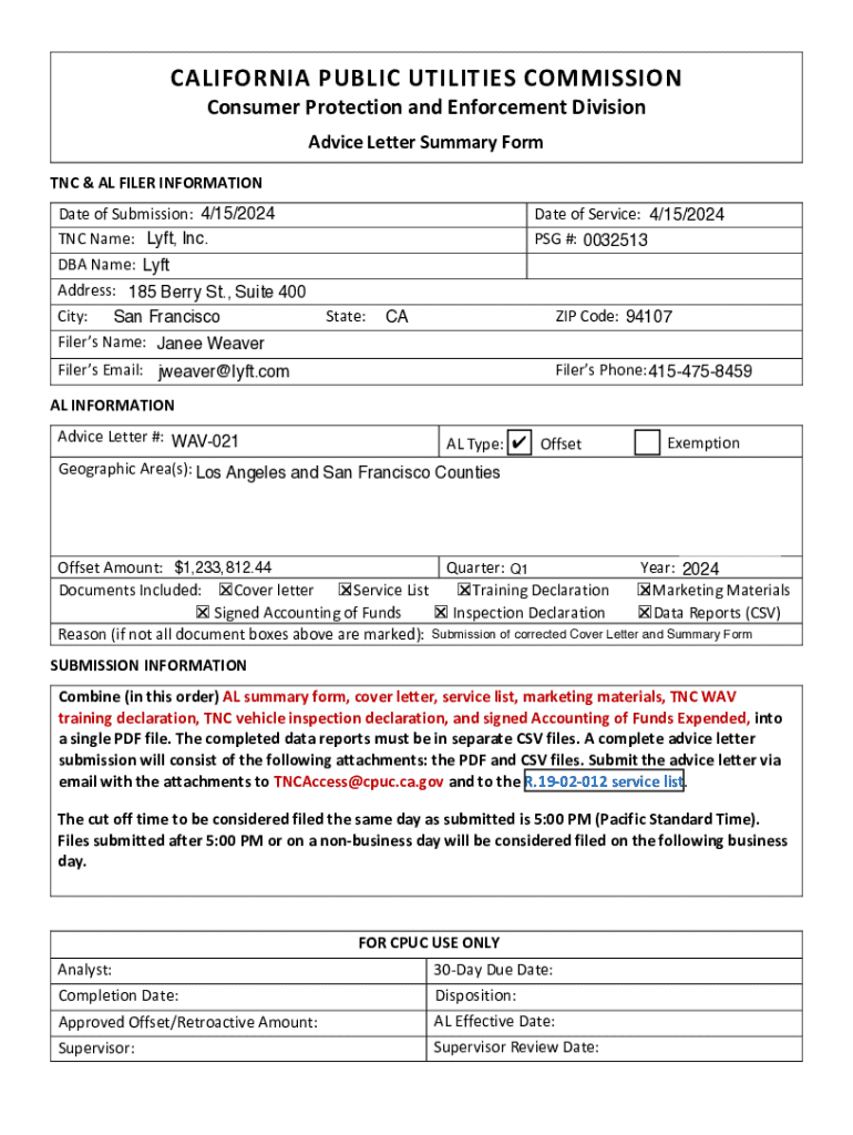 Fillable Online Advice Letter Status - California Public Utilities Commission Fax Email Print ...