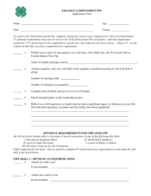 Fillable Online 4-H GOLD ACHIEVEMENT PIN Application Form Name Age Club ...