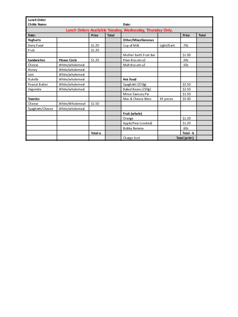 Fillable Online Lunch Order Form.docx - The Cottage Fax Email Print ...