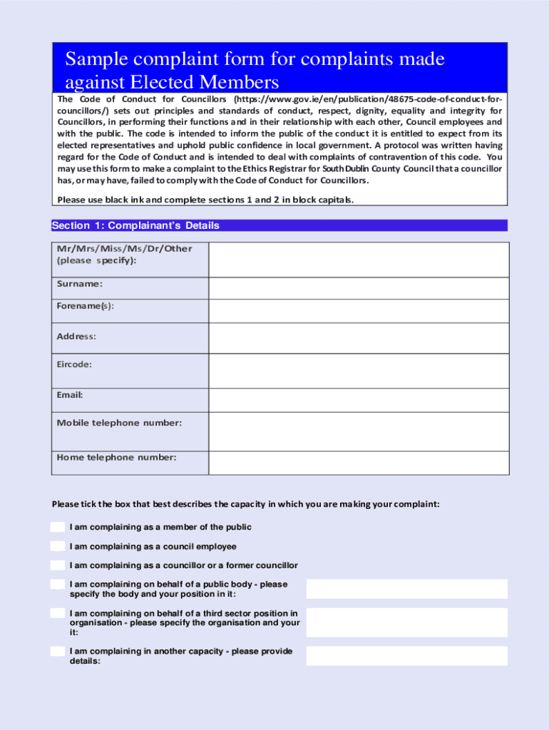 Fillable Online Sample complaint form for complaints made against ...