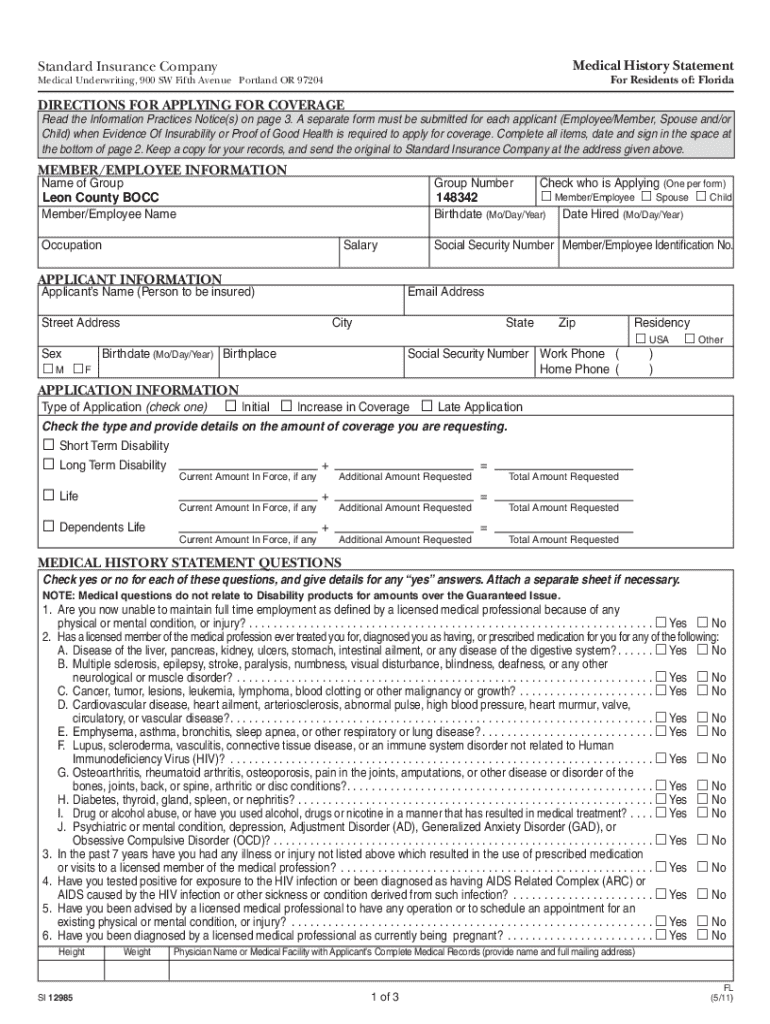 Fillable Online cms leoncountyfl Medical History Statement For Residents of: Florida Fax Email ...