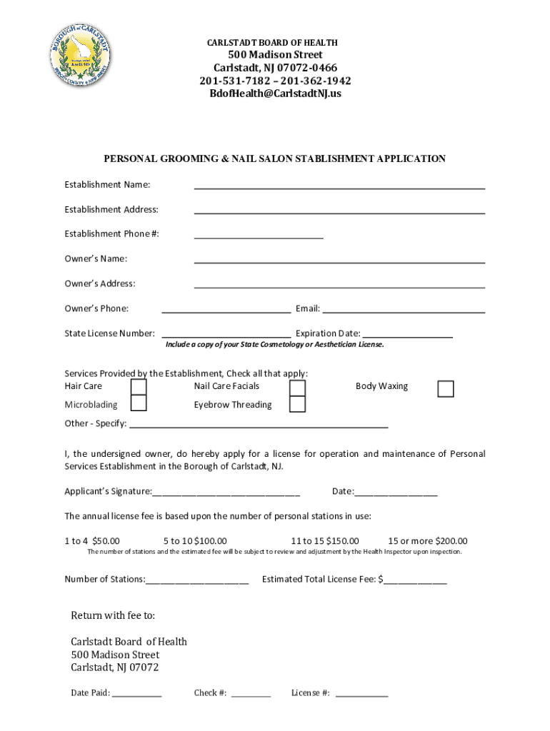 Fillable Online personal grooming & nail salon stablishment application Fax Email Print - pdfFiller