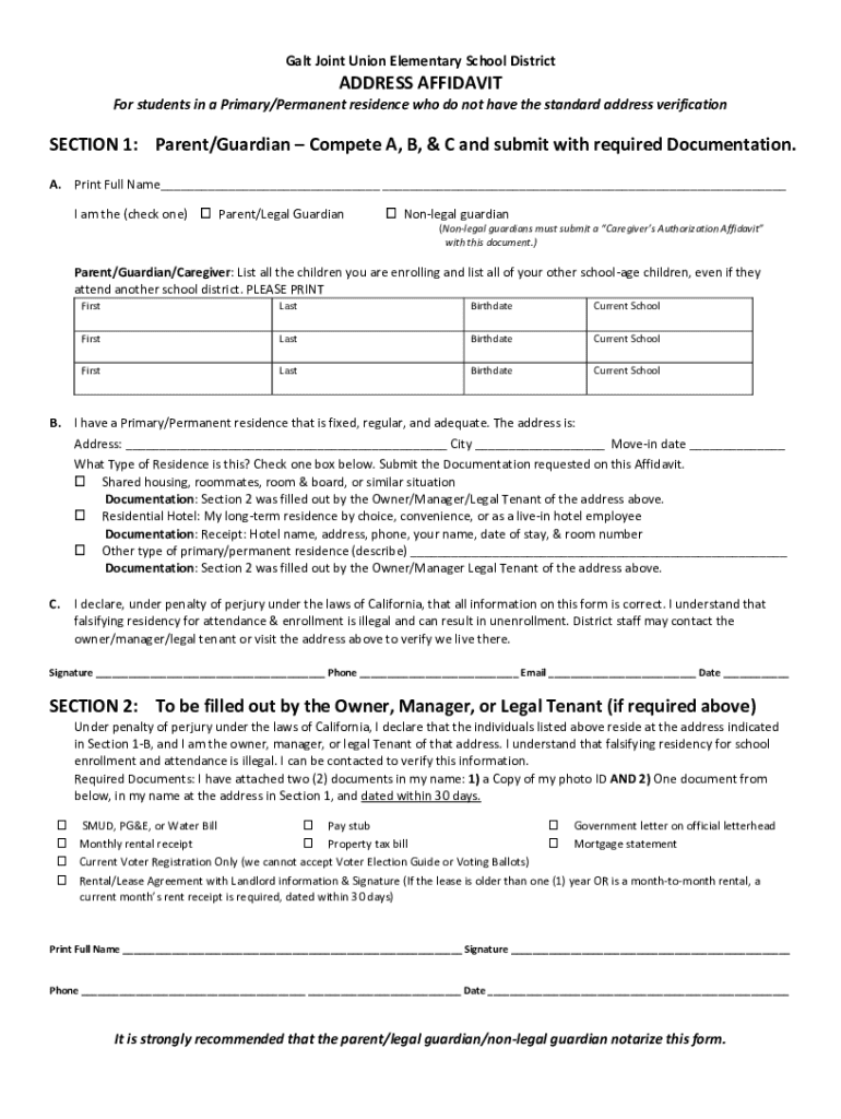 Fillable Online ADDRESS AFFIDAVIT SECTION 1: Parent/Guardian Fax Email Print - pdfFiller