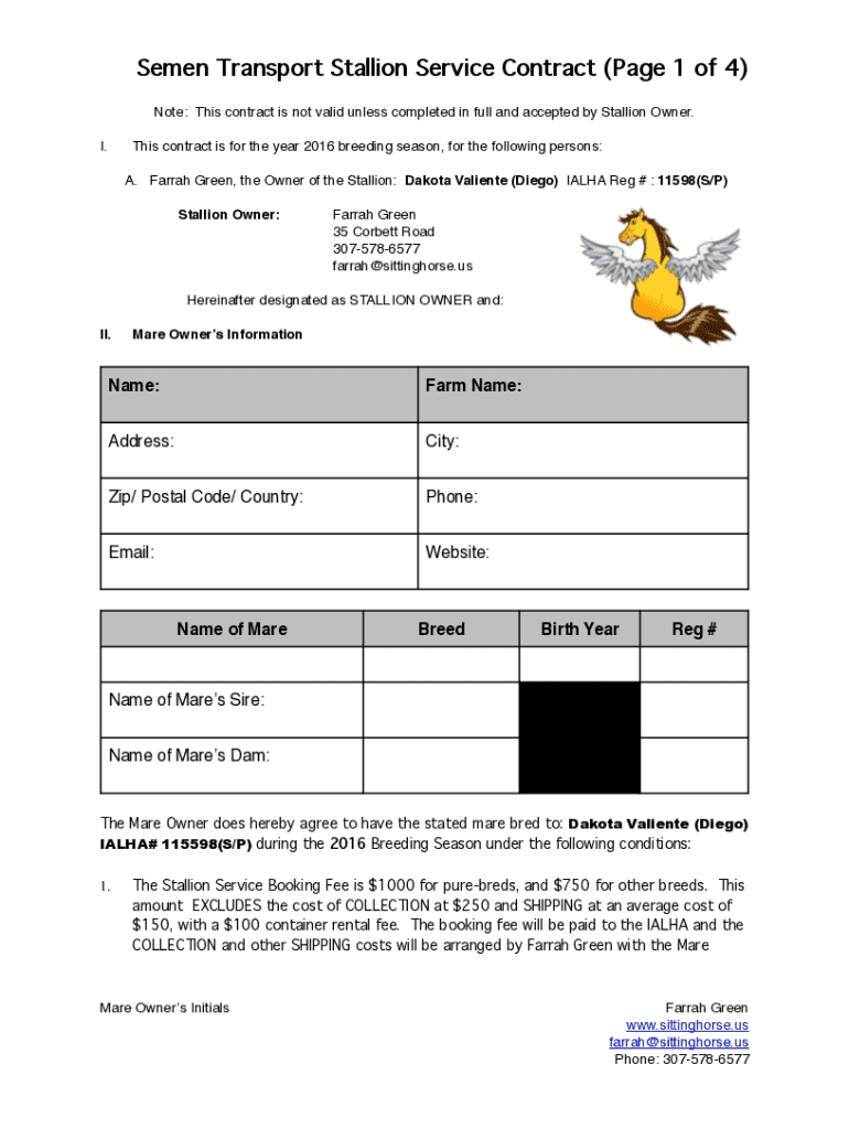 Fillable Online Semen Transport Stallion Service Contract (Page of ) 1 ...