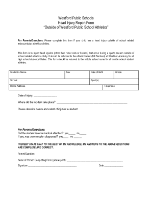 Fillable Online Westford Public Schools Head Injury Report Form Outside ...