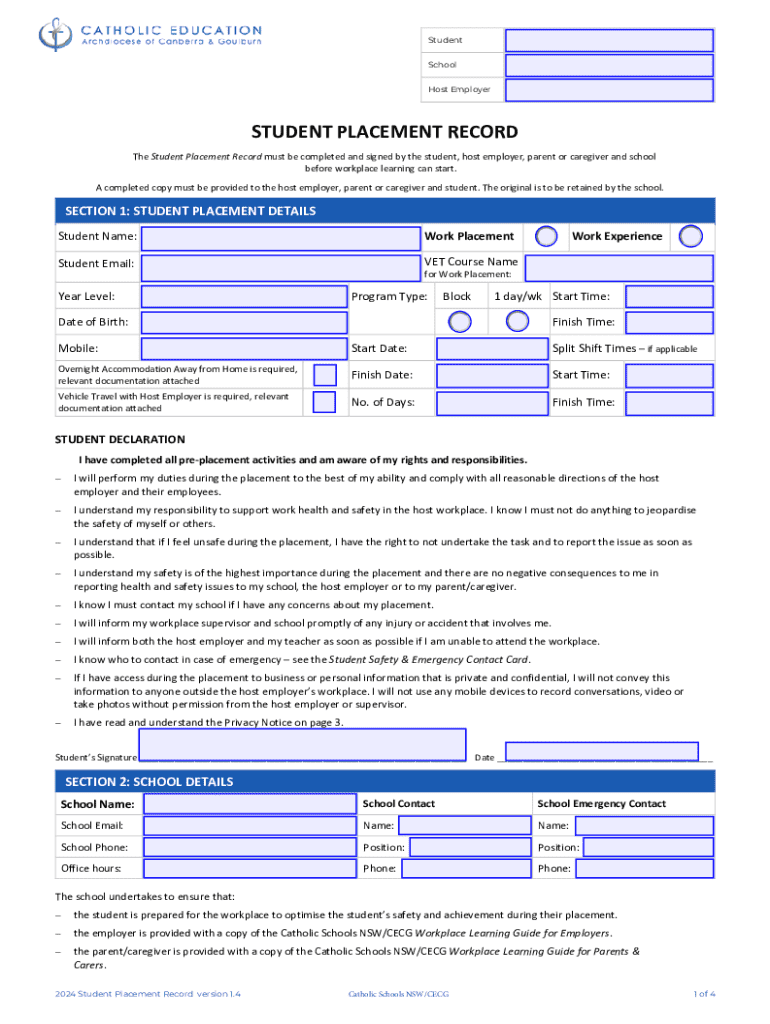 Fillable Online cg catholic edu WPL Student Workplace Learning Record Fax Email Print - pdfFiller