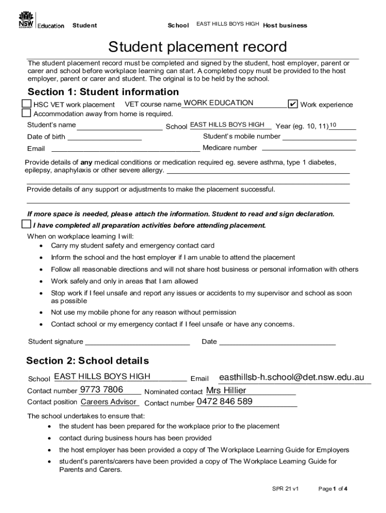 Fillable Online Advice on Completion of Student Placement Record to meet ... Fax Email Print ...