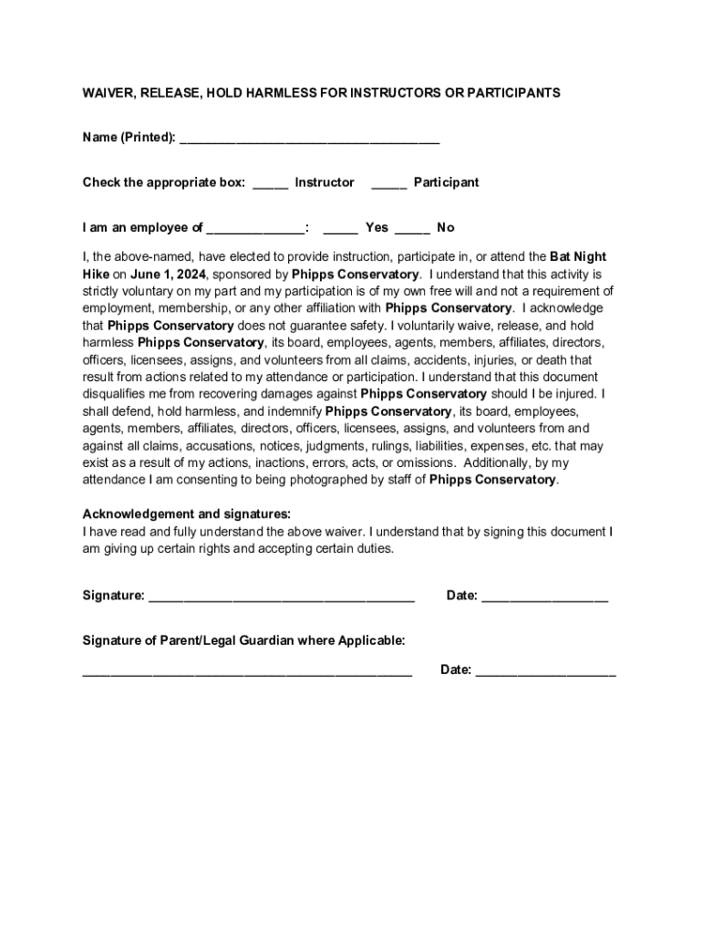 Fillable Online waiver, release, hold harmless for instructors or ...