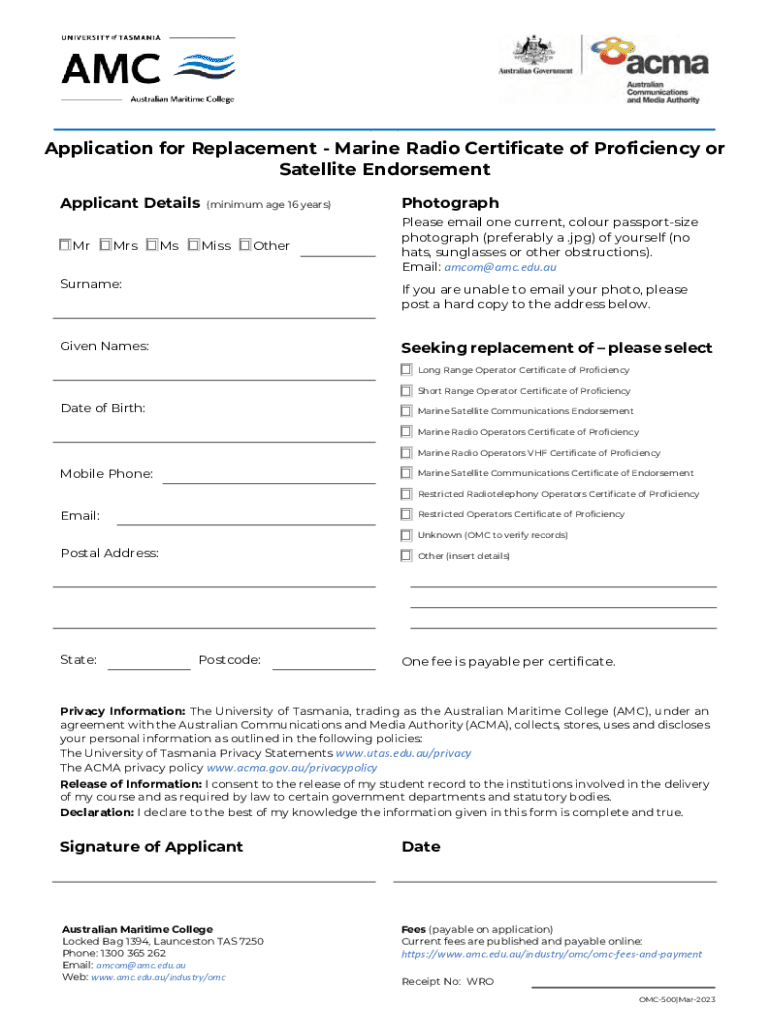 Fillable Online Application for Replacement - Marine Radio Certificate of Proficiency or Fax ...