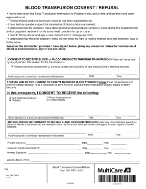 Fillable Online Consent/Refusal for the Transfusion of Blood and/ ... Fax Email Print - pdfFiller