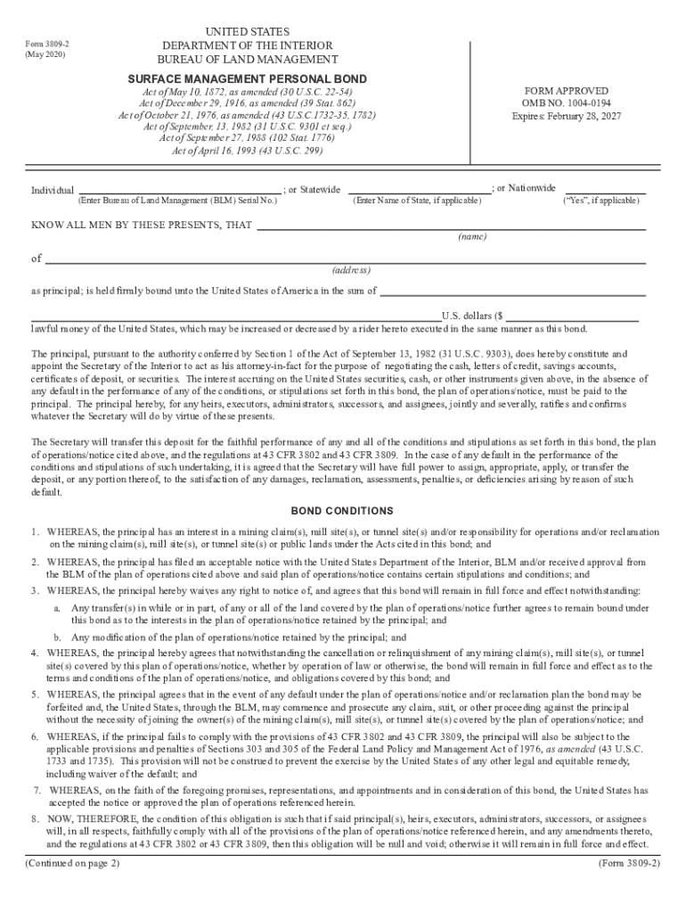 Fillable Online Form 3809-002 - Surface Management Personal Bond ...