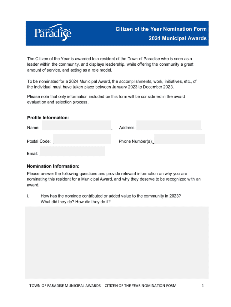 Fillable Online Citizen of the Year Nomination Form 2024 Municipal Awards Fax Email Print ...