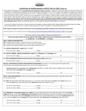 Fillable Online Certificate of Achievement in IGETC (UC or CSU) 2024-25 ...